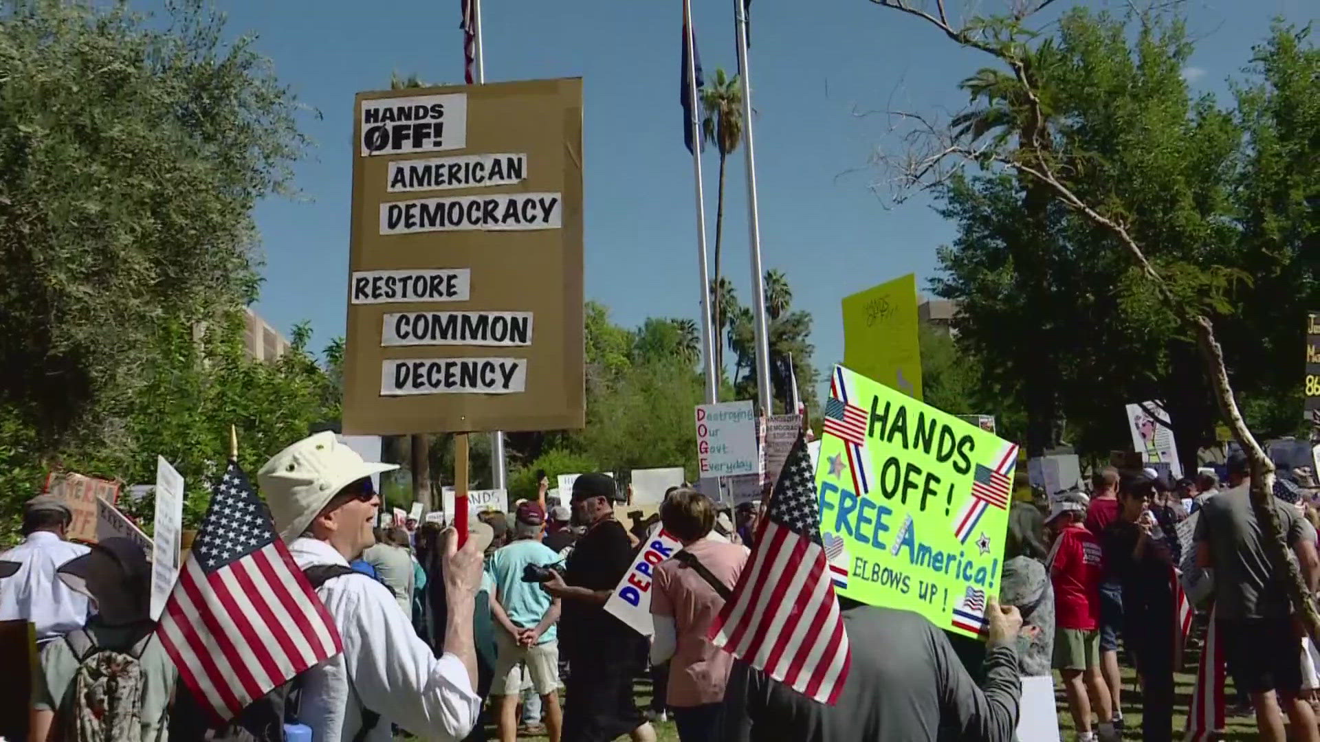 'Hands Off' demonstrators march at AZ Capitol | 12news.com