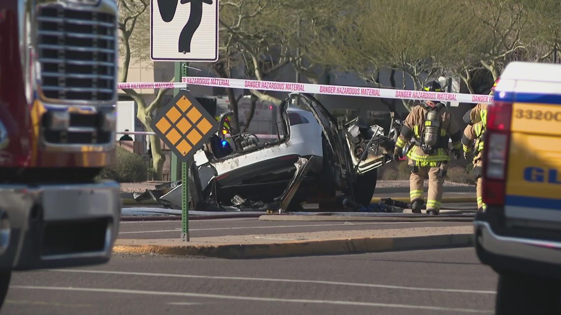Tesla crashes into Scottsdale building and catches fire twice | 12news.com