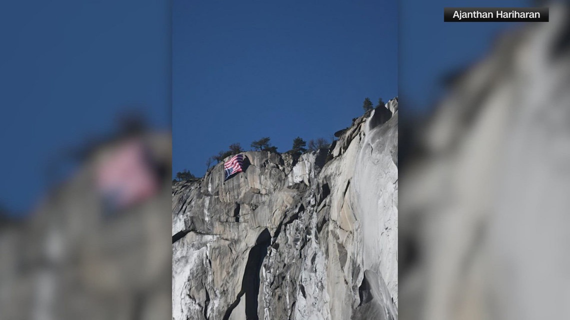Upside-down American flag draped off El Capitan at Yosemite | 12news.com