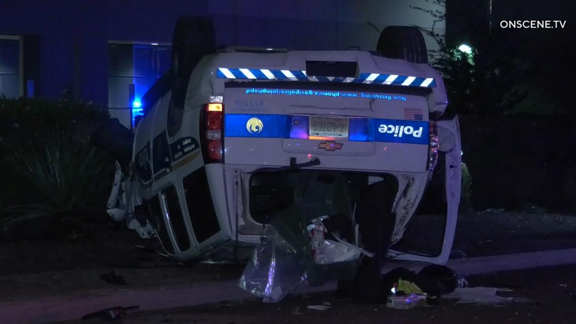 Phoenix police patrol car rolls over after hitting bus stop, pole ...