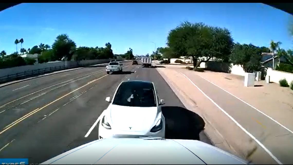 Video shows Tesla crashing into dump truck in Scottsdale | 12news.com