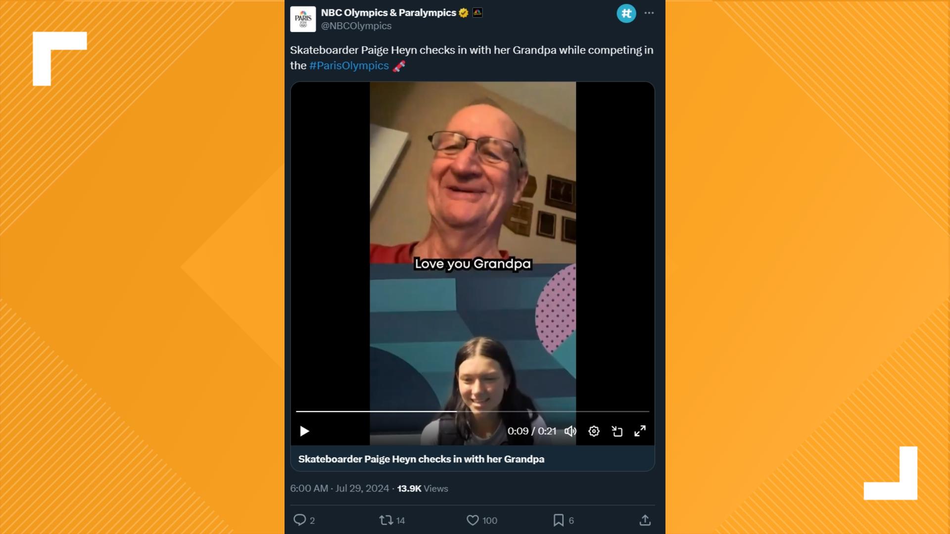 Skateboarder Paige Heyn checks in with grandpa at Paris Olympics ...