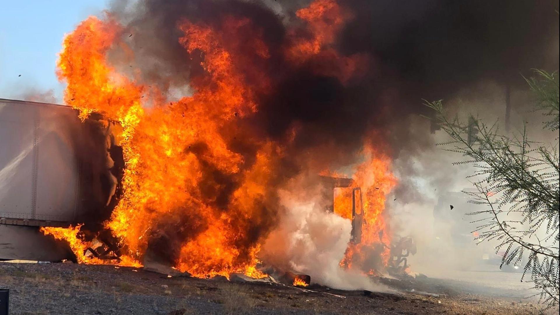 Large fire destroys tractor-trailer near I-10 | 12news.com