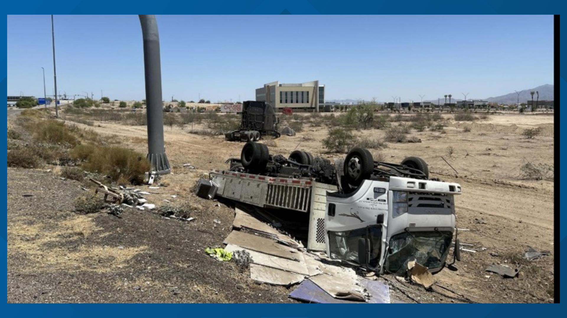 Semi driver arrested after truck rolls over on I-10 | 12news.com