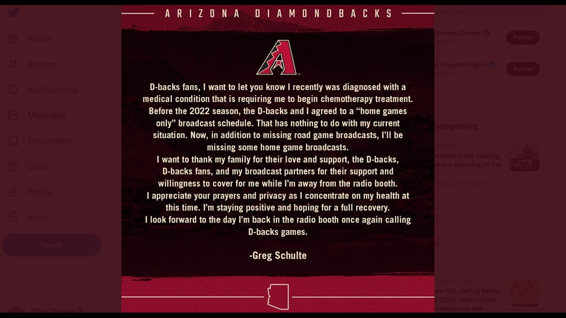 Diamondbacks broadcaster Greg Schulte undergoes chemotherapy | 12news.com