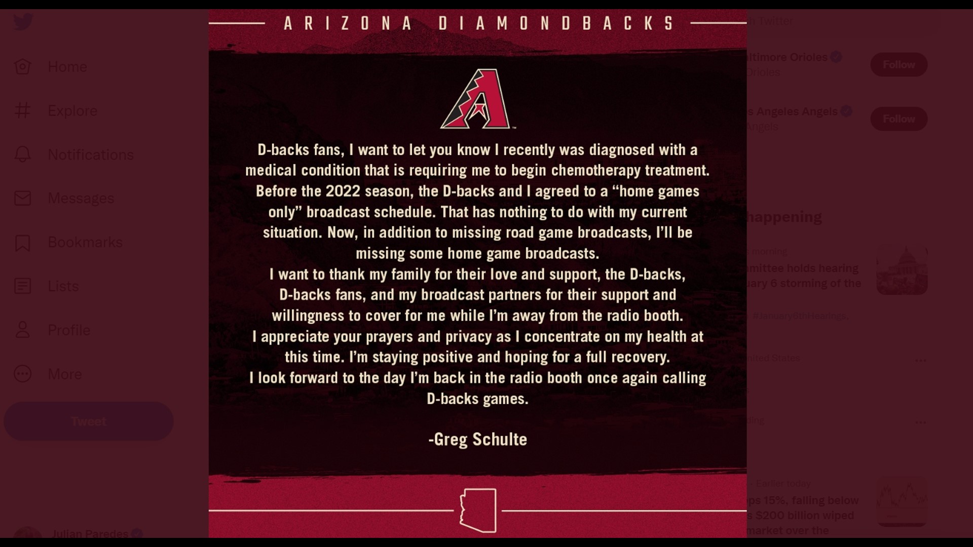 Diamondbacks broadcaster Greg Schulte undergoes chemotherapy | 12news.com