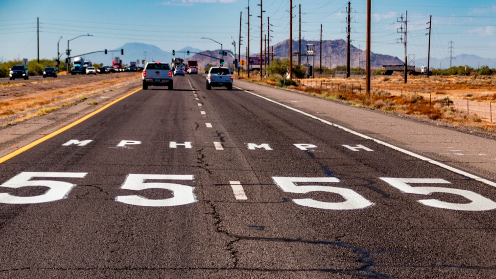 Speed limits posted on pavement along stretch of State Route 347 in ...