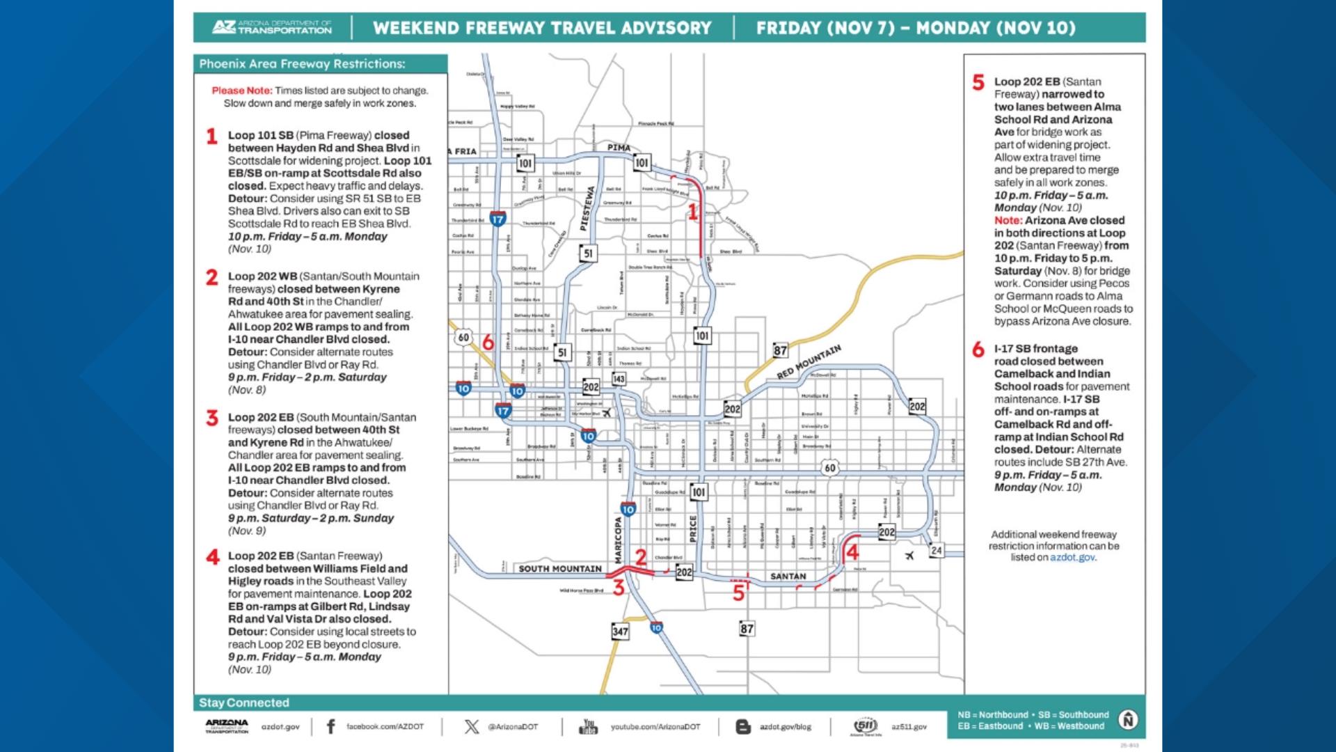 Closures and detours on Loop 101 and Loop 202 this weekend | 12news.com