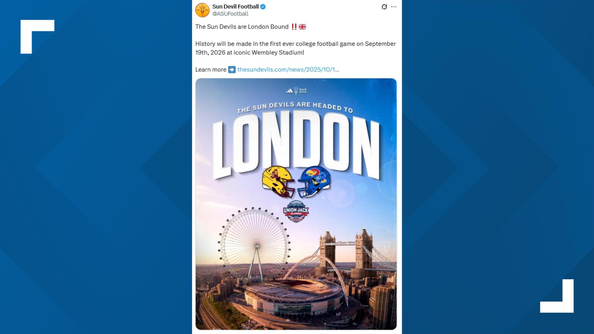 ASU to play historic London game at Wembley in 2026 | 12news.com