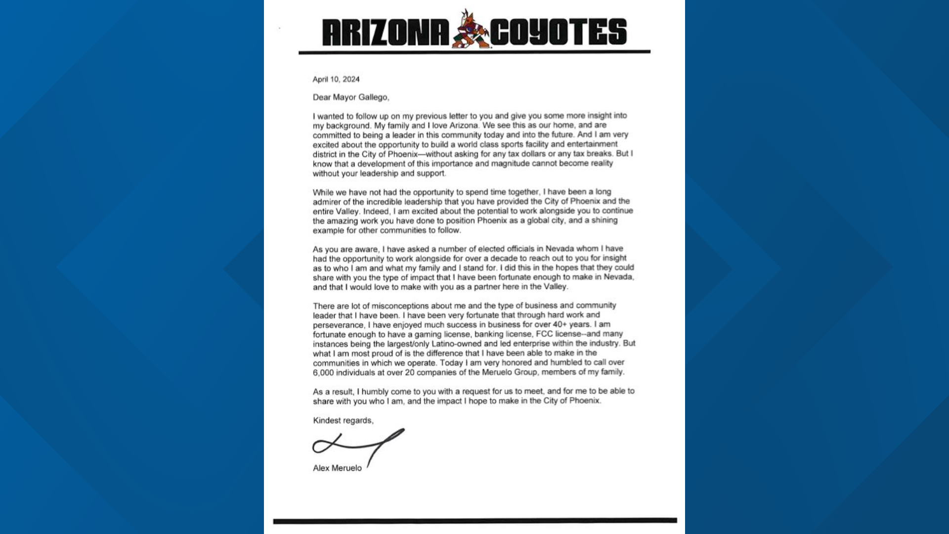 Letters from Arizona Coyotes Owner Alex Meruelo to Phoenix Mayor Kate ...